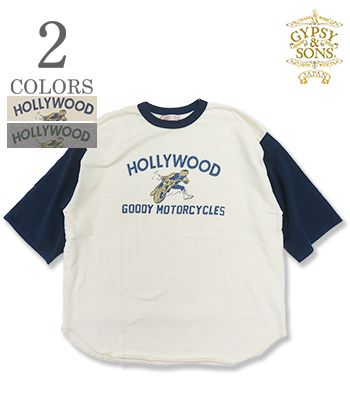 GYPSY＆SONS ジプシーアンドサンズ 5分袖|天竺|配色|ベースボールTEE『GOODY MOTORCYCLES TWO TONE 5/S TEE』【アメカジ・モーターサイクル】GS2449958