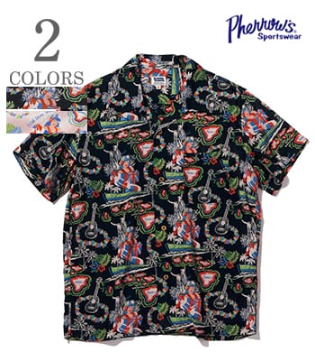PHERROWS フェローズ 半袖|レーヨン|ハワイアンネイビー|アロハシャツ『HAWAIIAN NAVY』【アメカジ・ミリタリー】25S-HAWAIIANNAVY