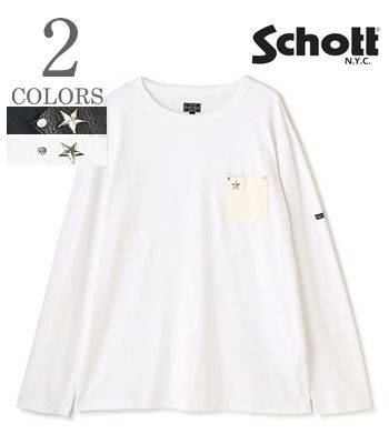 Schott ショット 長袖|クルーネック|ディアスキン|スタッズ『ONESTAR LEATHER POCKET LS T-SHIRT』【アメカジ・モーターサイクル】782-5930003