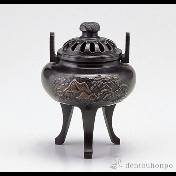 「送料無料」 銅製 菊蓋山水香炉 ( お香 線香 リラックス 仏具 人気 高岡銅器 周年 創立 上場 竣工 上場 竣工 開店 事務所移転 )