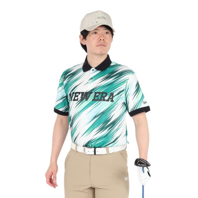 ニューエラ(NEW ERA)ゴルフウェア 吸汗速乾 抗菌 半袖 鹿の子ポロシャツ Palm Leaf Camo エメラルドグリ…