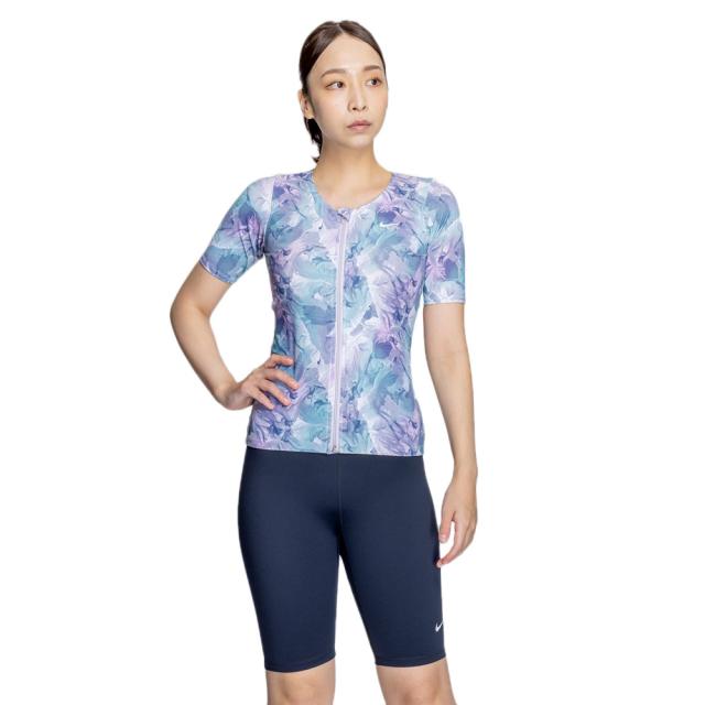 ナイキ(NIKE)フィットネス水着 レディース 水泳 総柄ジップ付き半袖セパレーツ 2993131-018(Lady’s)