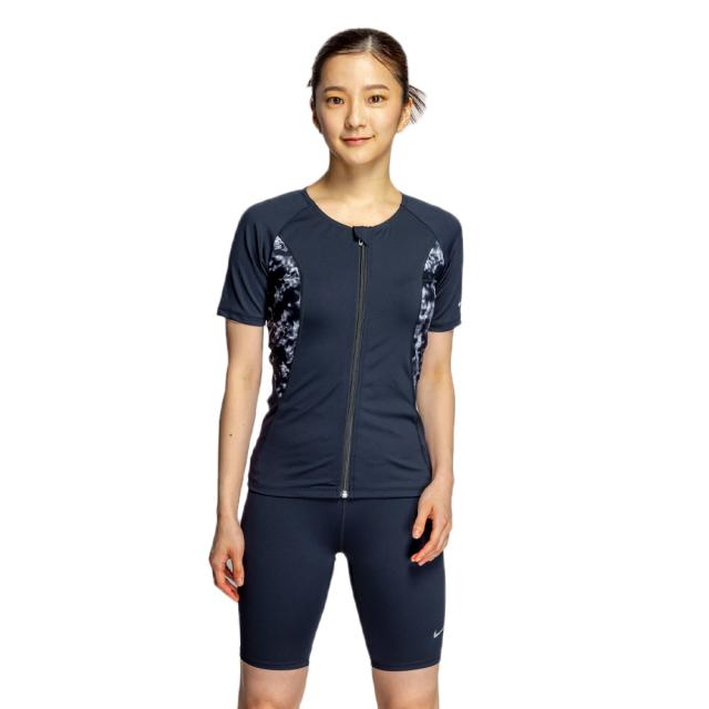 ナイキ(NIKE)フィットネス水着 水泳 ジップ付き半袖セパレーツ 上下セット 黒 M-3Lサイズ 2993145-009(L…