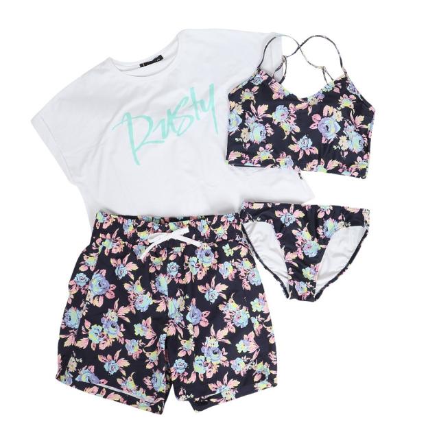 ラスティ(RUSTY)水着 4点セット Tシャツ 水着上下 ショートパンツ 924801NVY ネイビー フラワー(Lady’…