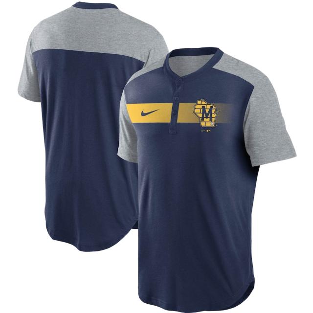 ナイキ メンズ Milwaukee Brewers Nike Fade Performance Tri-Blend Henley T-Shirt Tシャツ 半袖 Navy