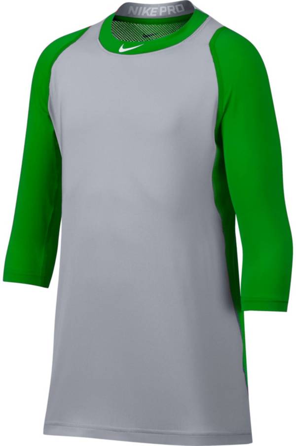 ナイキ メンズ 野球 ラグランTシャツ Nike Men's Pro Cool Reglan 3/4-Sleeve Baseball Shirt - Green/Grey