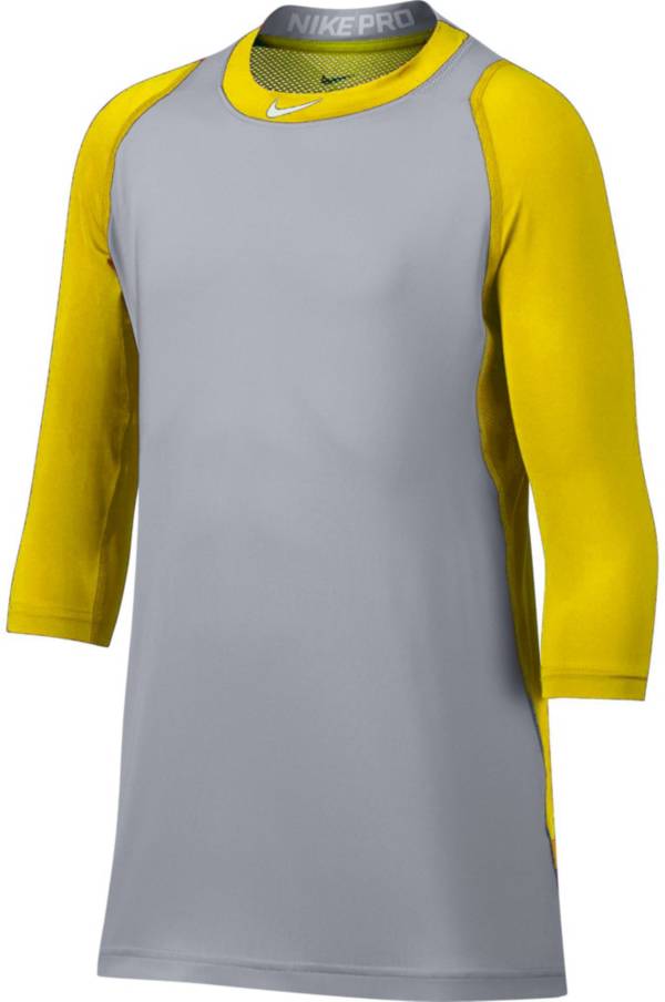 ナイキ メンズ 野球 ラグランTシャツ Nike Men's Pro Cool Reglan 3/4-Sleeve Baseball Shirt - Yellow/Grey