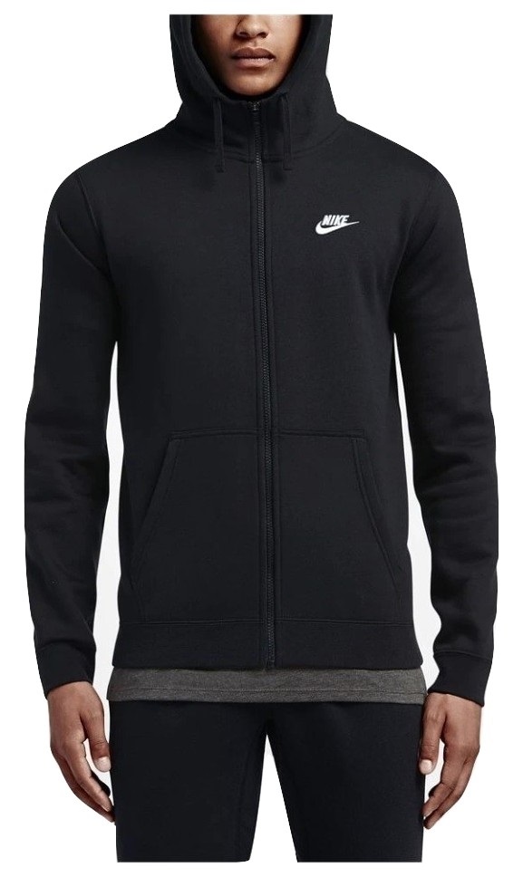 即納 ナイキ メンズ パーカー 長袖  Nike Club Full-Zip Fleece Hoodie - Black/Black/White 黒 ブラック 白 ホワイト フルジップ ジップアップ