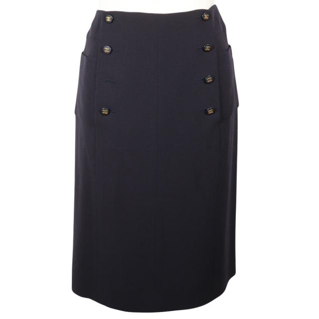 CHANEL シャネル ココマーク ダブルボタン ヴィンテージ P07931V04916 97P ウール 紺 スカート