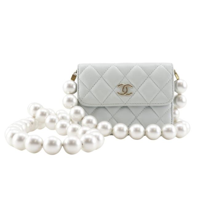 CHANEL シャネル パールストラップ フラップウォレット マトラッセ AP1838 レザー 水色
