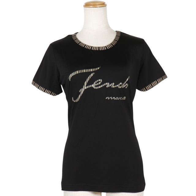 FENDI フェンディ ロゴ パイピンク レーヨン 黒 半袖Ｔシャツ レディース 【中古】
