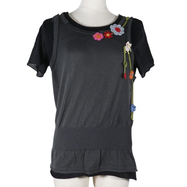 OLLEBOREBLA オレボレブラ ベストデザイン フラワー コットン グレー/黒 半袖Ｔシャツ