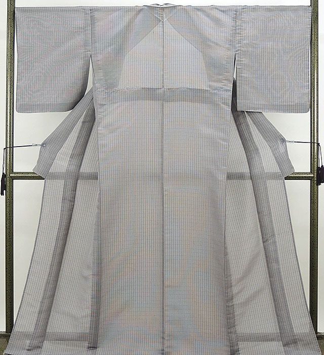 夏物  紬 新品仕立済 正絹 夏物 蕪重織物謹 流風 縦縞格子模様 紗紬 新品  仕立て上がり  着物