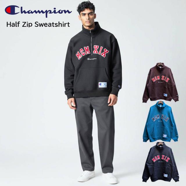 Champion チャンピオン ハーフジップ スウェットシャツ ルーズフィット 裏起毛仕様 アクションスタイル ロゴ 刺繍 フェルトアップリケ スーパーフリース アメリカ綿 リサイクルポリエステル ユニセックス c3-a019