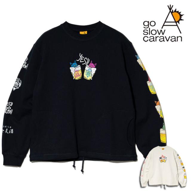 go slow caravan 猫と麦酒 プリント ヘムスピンドル クルー スウェット 両サイド ポケット クルーネック 裏毛生地 空紡糸裏毛 ヘビーウェイト 裾口 スピンドル仕様 アウトドア キャンプ ユニセックス 352608