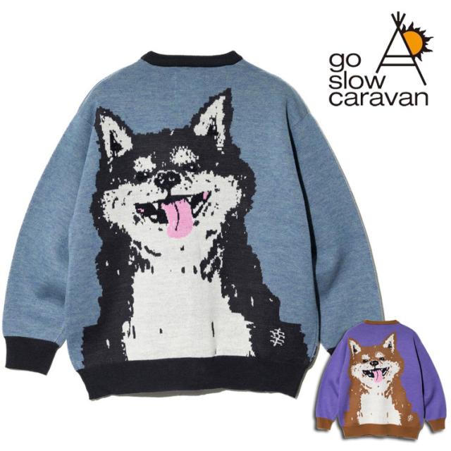 go slow caravan カーディガン 笑う柴犬 IMPACT ジャガード ニット ニットカーディガン 茶柴 黒柴 ジャガードニット 中肉厚 カジュアル 暖かい 防寒 ユニセックス アウトドア 秋冬 356106