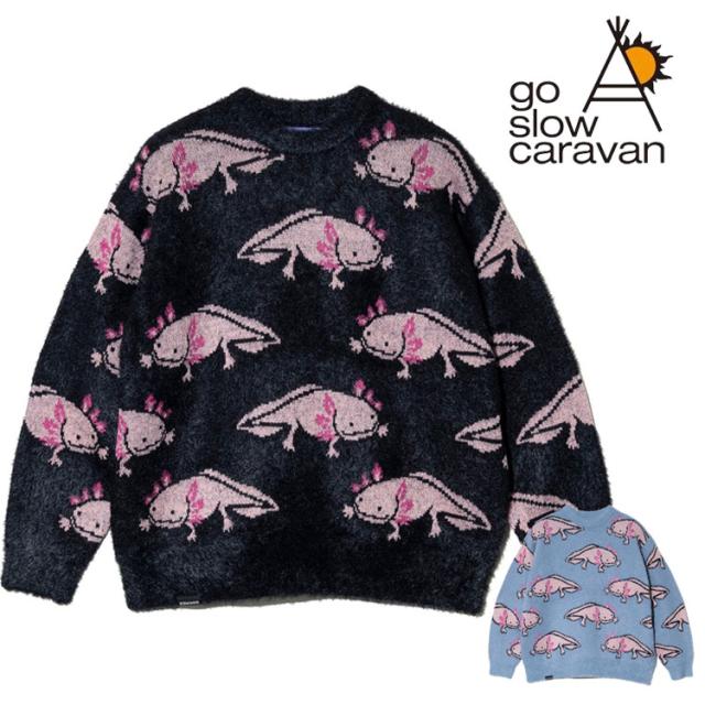 go slow caravan ウーパールーパー IMPACT シャギー MIX ジャガード ニット セーター 総柄 ビッグサイズ ダブルジャガード クルーネック カジュアル 暖かい ユニセックス アウトドア 356107