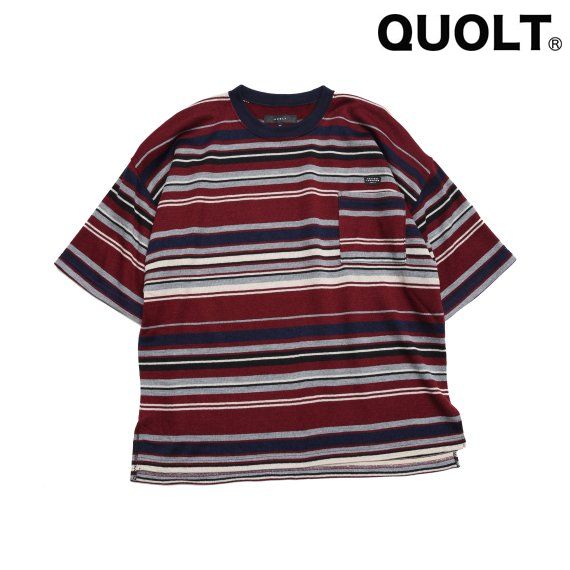 QUOLT 5部袖 ニット Tシャツ ボーダー ユニセックス マルチボーダー状 BORDER KNIT BURGUNDY-NAVY 通勤 通学 旅行 フェス 誕生日 プレゼント 901T-1661