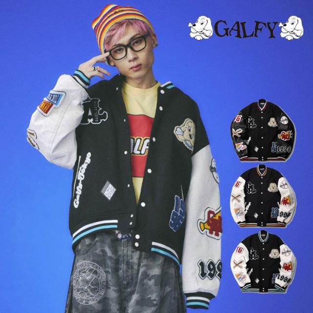 ガルフィー スタジャン オーバーサイズ イヌ ロゴ ワッペン アウター GALFY 復活わんわん大学 ジャケット メルトン 合皮 切替 ジャケット ストリート カジュアル ユニセックス 男女兼用 153023