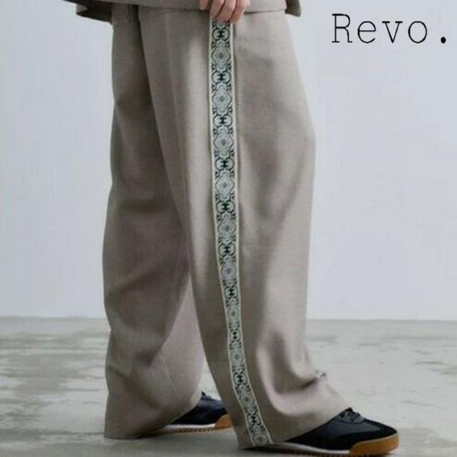 Revo. イージーパンツ ジオメラインテープ ジャガード テープ ラインパンツ オーバーシルエット リネン混 メランジ感 麻パンツ エスニックテープ セットアップ th-3930
