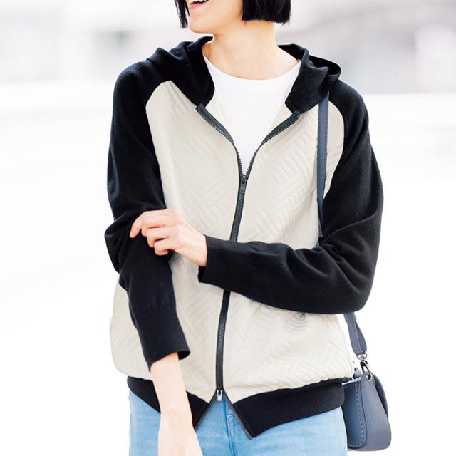 キルトジャカード×ニットドッキング パーカ ファッション パーカー スウェット トレーナー PC6015