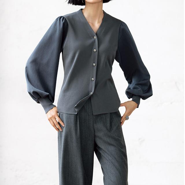 異素材使い バルーンスリーブ カーディガン ファッション ニット セーター PC6059