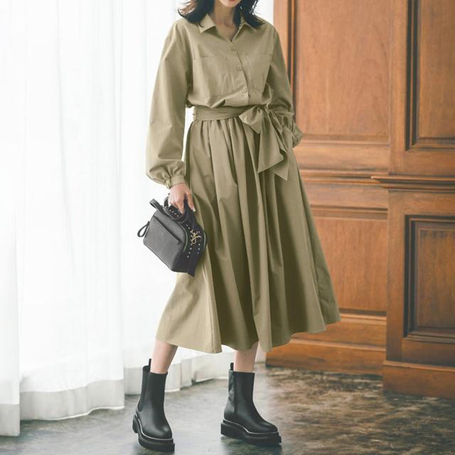 リボンベルト付き ストレッチ ドレスシャツワンピース ファッション ワンピース PC6079