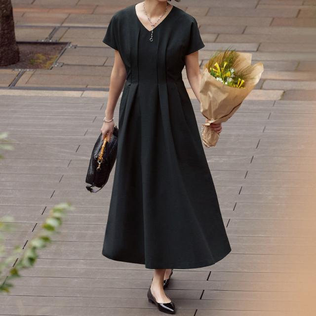 サッカー素材 Vネック フレアーワンピース ファッション ワンピース PC6092