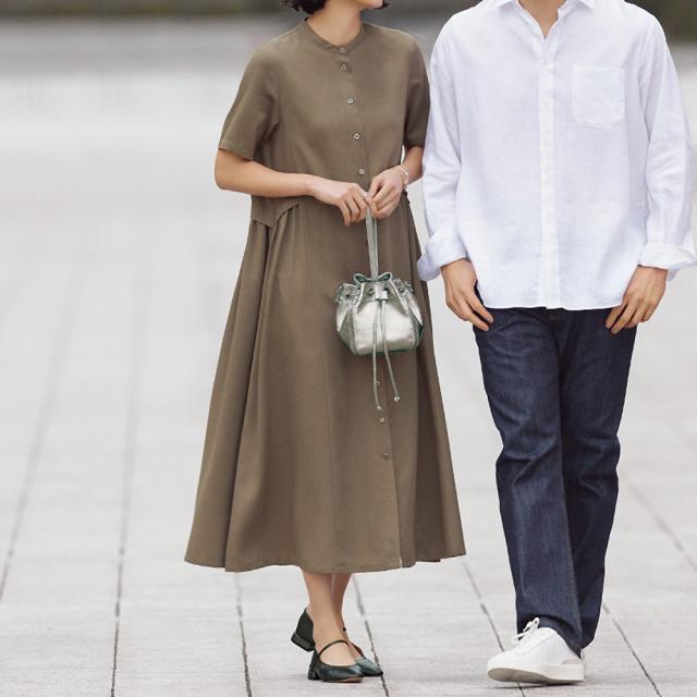 ウエストギャザー とろみ シャツワンピース ファッション ワンピース PC6278