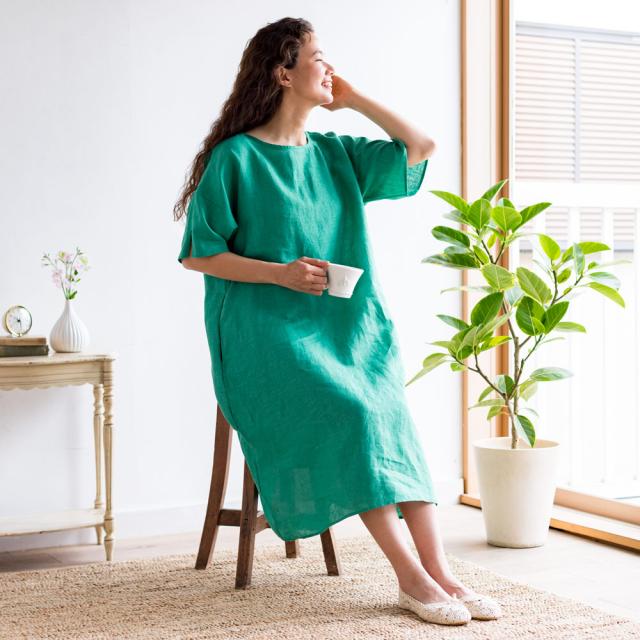 LINEN & BASIC 着て涼むやわらかリネン100％ルームウェア ワンピース 560307