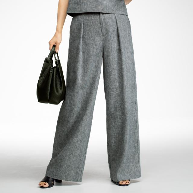 リネン混 ミニ千鳥 セミワイドパンツ パンツ ワイドパンツ 384002