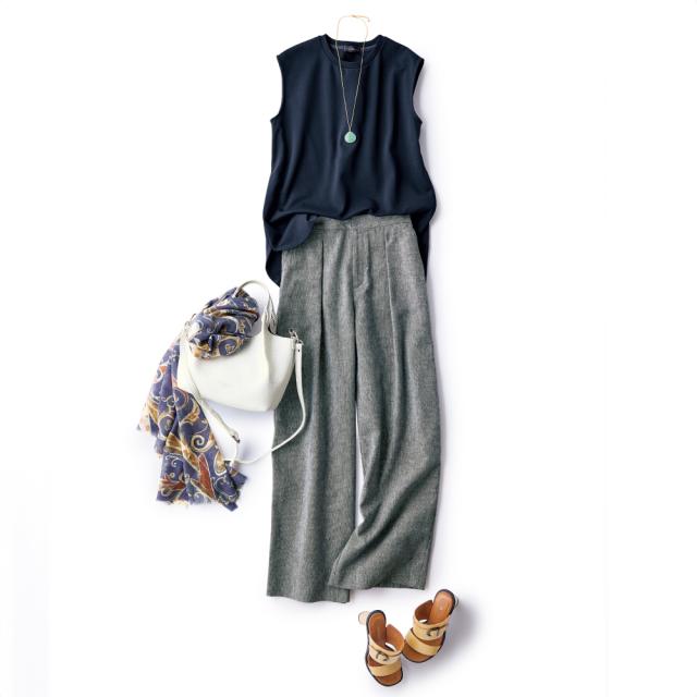 リネン混 ミニ千鳥 セミワイドパンツ パンツ ワイドパンツ 384002