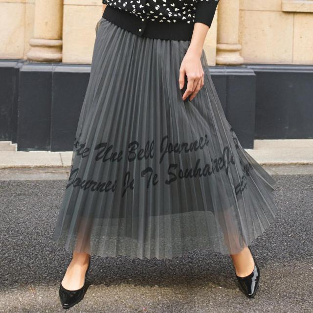 ロゴプリント チュール プリーツスカート スカート プリント 柄スカート A24102