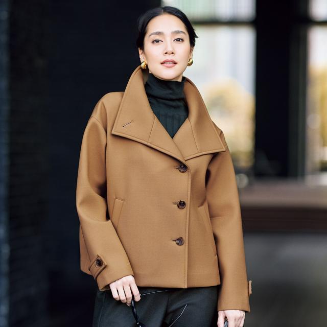 ウール混サキソニー×ダンボールジャージー ボンディング クロップド コート コート スタンドカラーコート 128801