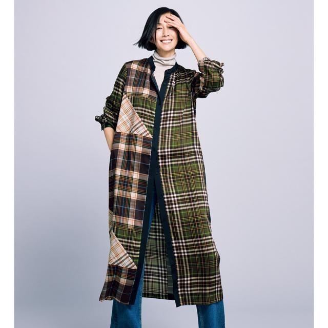 エリカ社 パッチワーク風チェック シャツワンピース ワンピース マキシワンピース ロングワンピース 129201