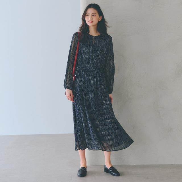 カットジャカード ドットプリント ワンピース ワンピース マキシワンピース ロングワンピース 102801