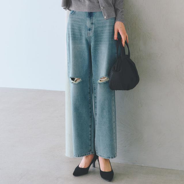 ダメージデニム セミワイドパンツ サステナブル 103104