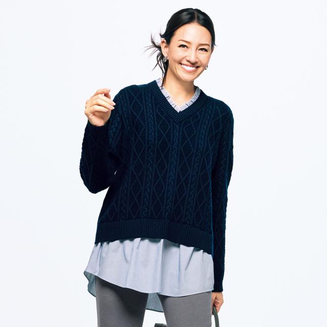 レイヤード風 アラン編み チュニック チュニック 長袖 七分袖チュニック 128301