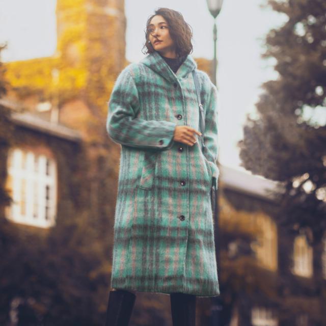 ウールモヘヤ混シャギー チェック フーディコート コート ロングコート 132701