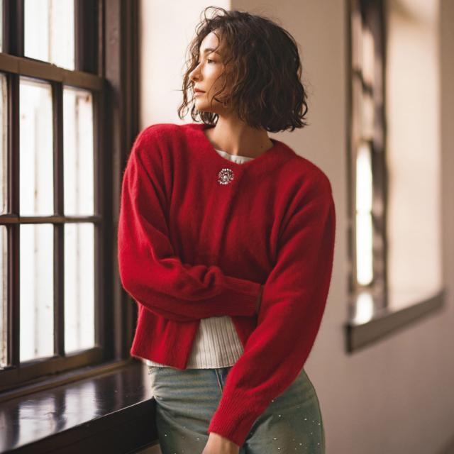 ヘアリーニット ビジューボタン カーディガン ニット セーター ニットカーディガン 132801