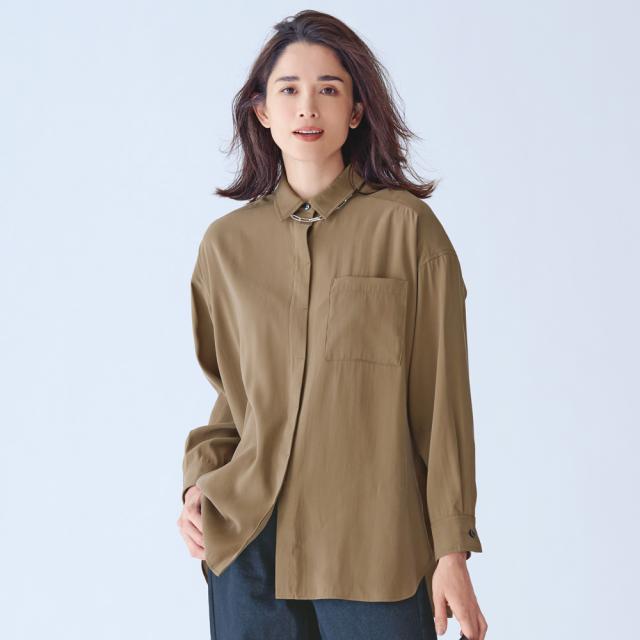 とろみ素材 比翼仕立て ロングシャツ シャツ ブラウス 134301