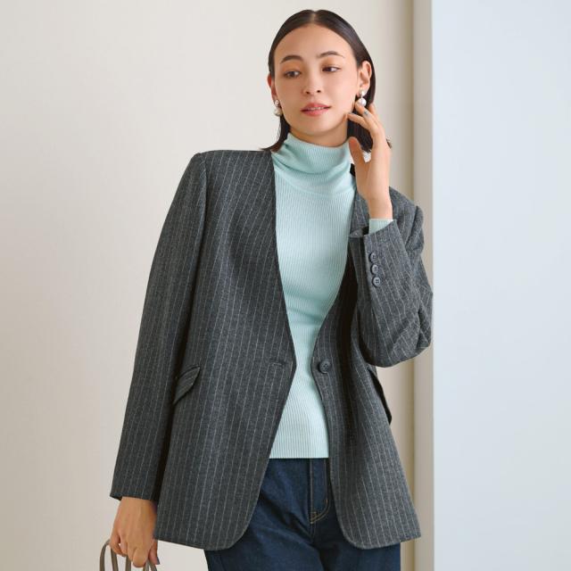 尾州産 ウール混 ストライプ ストレッチ ノーカラージャケット サステナブル 135301