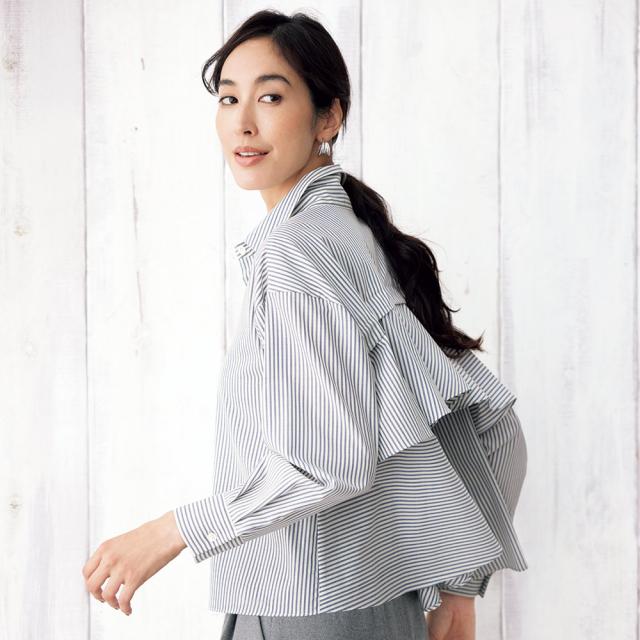 「NIKKE」 ウール ストライプ フリル ブラウス シャツ ブラウス 127401