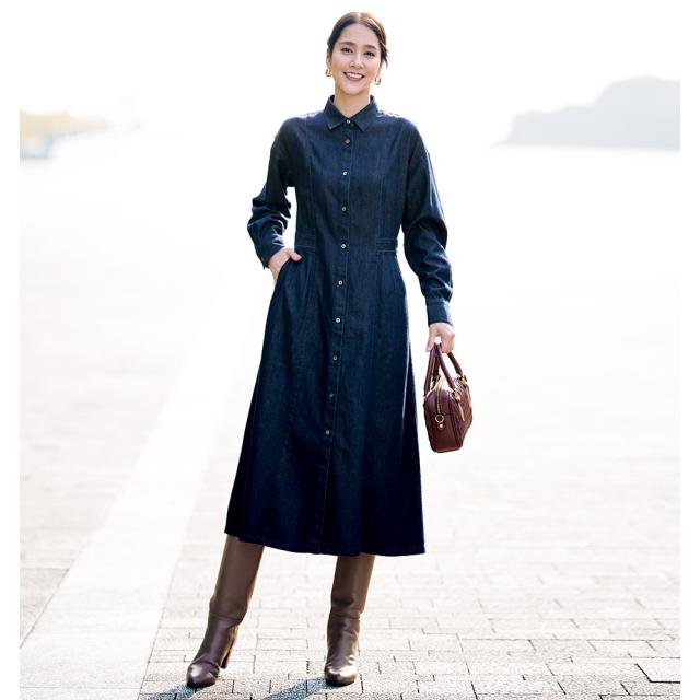 ウール混 デニムシャツワンピース ワンピース マキシワンピース ロングワンピース 128701