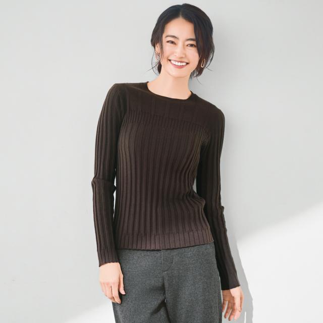 コットンカシミヤ 変則リブニット クルーネック プルオーバー ニット セーター ニットセーター A32402