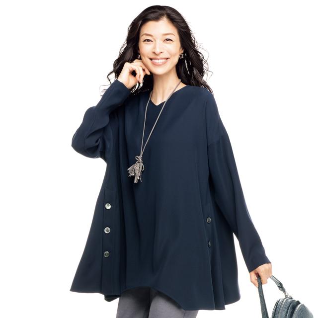 ダブルクロス ボタンデザイン イレギュラーヘム チュニック チュニック 長袖 七分袖チュニック 110001