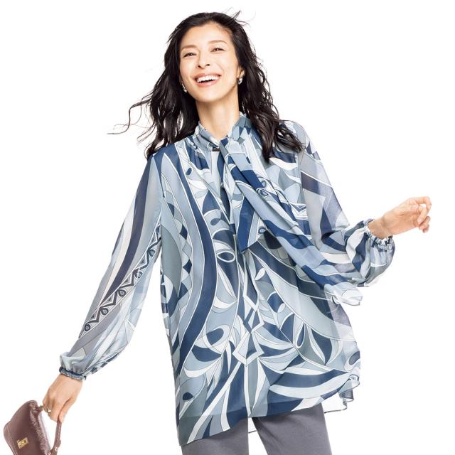 幾何学柄 ボウタイ シフォン チュニック チュニック 長袖 七分袖チュニック 110002