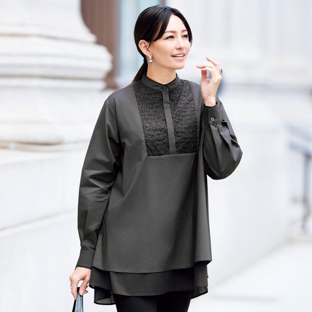 刺しゅう使い レイヤード風 チュニック チュニック 長袖 七分袖チュニック 111402