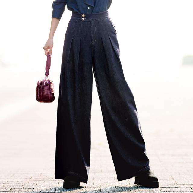 ≪股下丈73cm≫ カイハラ ストレッチデニム 2タック ワイドパンツ パンツ ワイドパンツ 128504