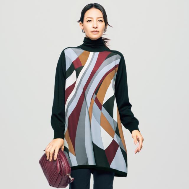 幾何学柄プリント ニットドッキング チュニック ニット セーター ニットセーター 131205